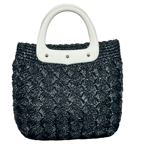 ADG | Bags | Vintage 6s Black White Woven Wicker Bag With Lucite ...